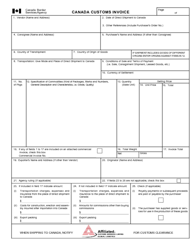 2022 Canada Customs Invoice Fillable Printable PDF Forms Handypdf