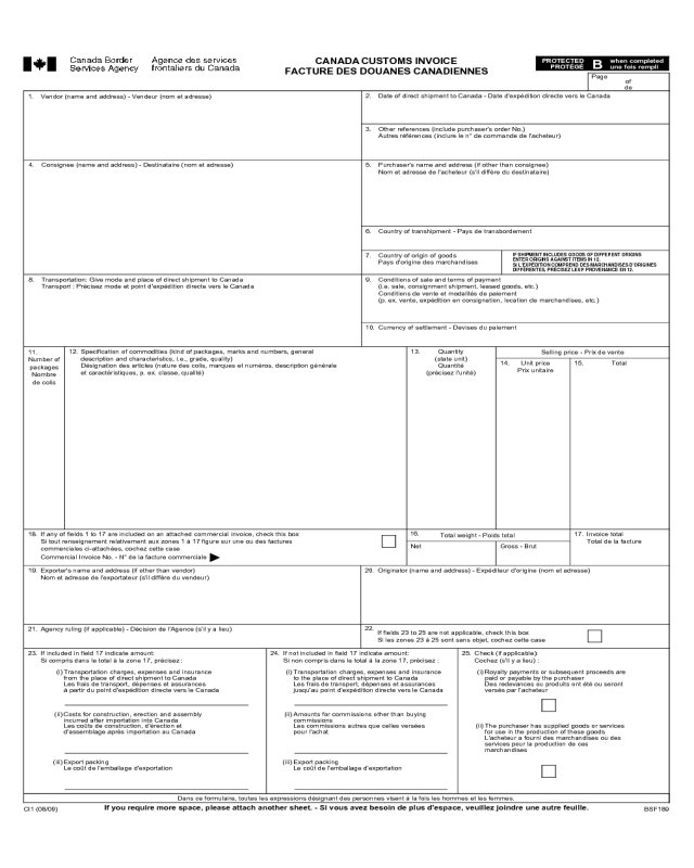 2023 Canada Customs Invoice Fillable Printable PDF Forms Handypdf