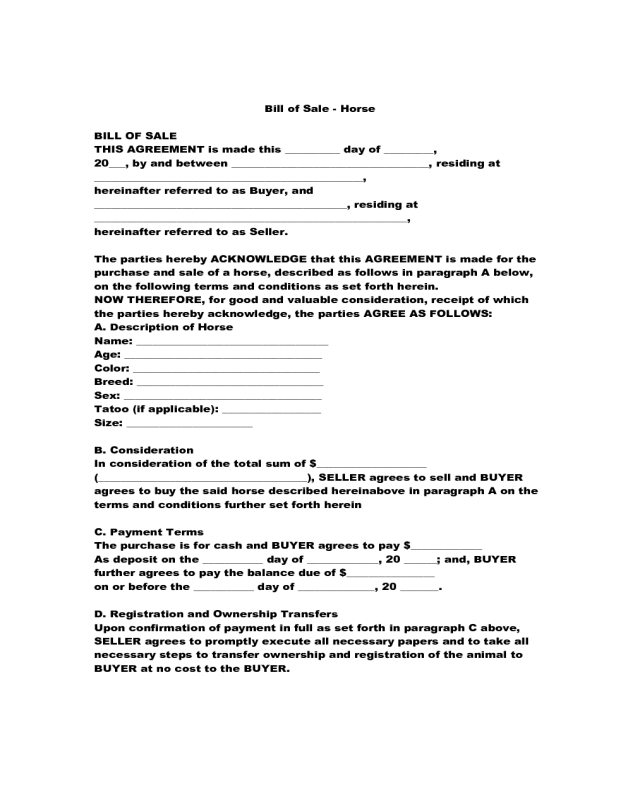 2023 Horse Bill Of Sale Form Fillable Printable PDF Forms Handypdf
