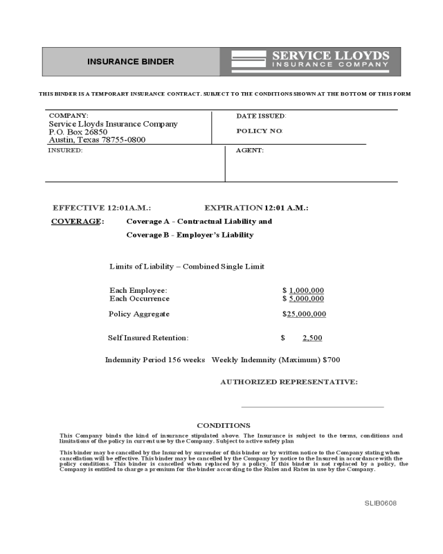 Insurance Binder Pdf Fillable