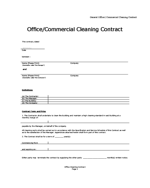 Cleaning Contract Sample Forms Master Of Template Document