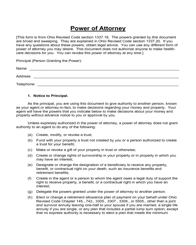 Printable Durable Power Of Attorney Form Ohio Printable Forms Free Online
