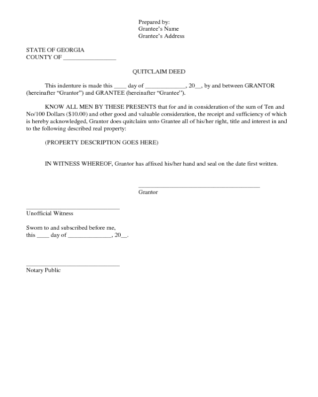 Printable Quit Claim Deed Georgia Printable World Holiday
