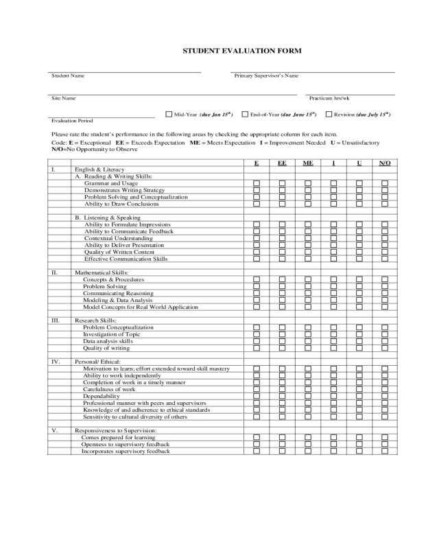 2023 Student Evaluation Form Fillable Printable PDF Forms Handypdf