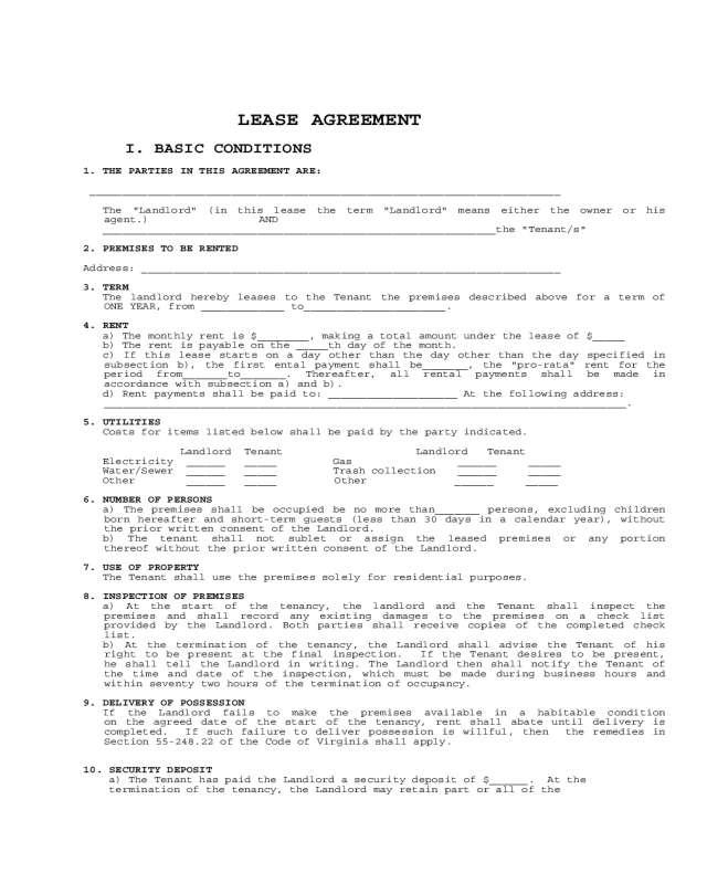 Printable Virginia Lease Agreement