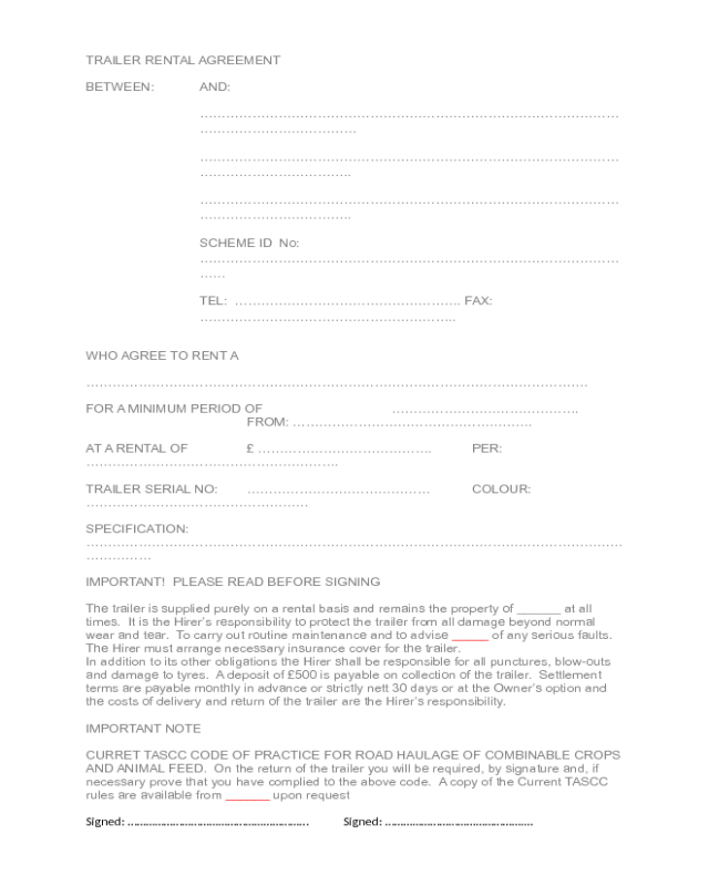 Printable Trailer Rental Agreement Martin Printable Calendars