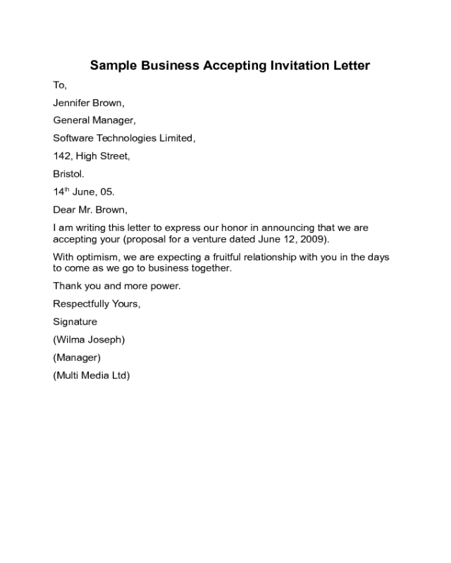 Business Accepting Invitation Letter Sample Edit Fill Sign Online 