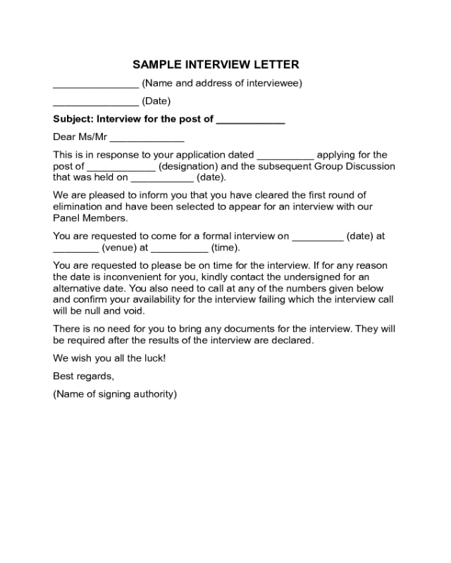 Interview Letter Sample Edit Fill Sign Online Handypdf