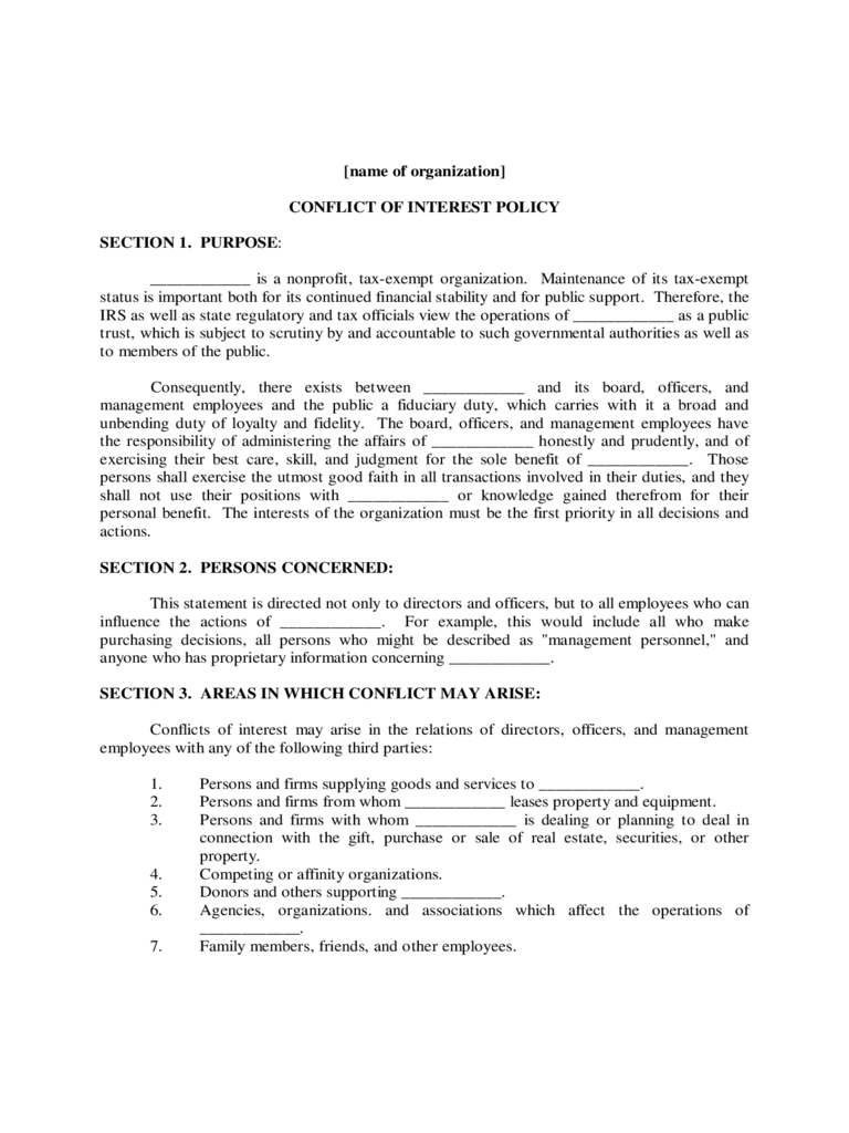2023 Conflict Of Interest Policy Template Fillable Printable PDF 