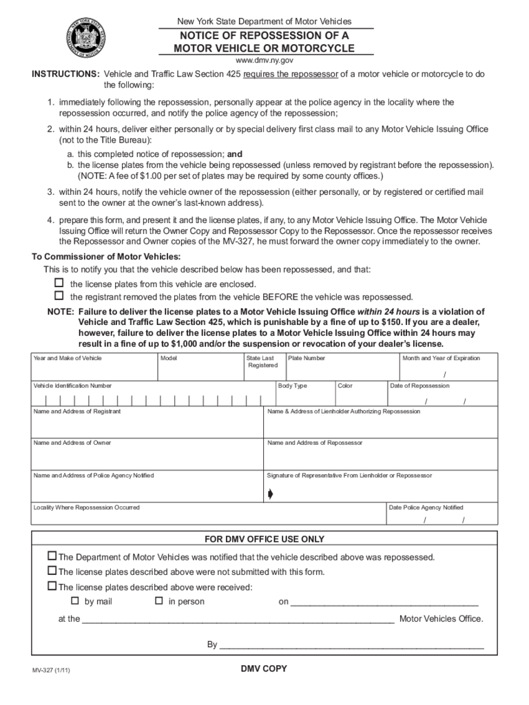 Form MV 327 Repossession Notice Of Motor Vehicle Motorcycle New 