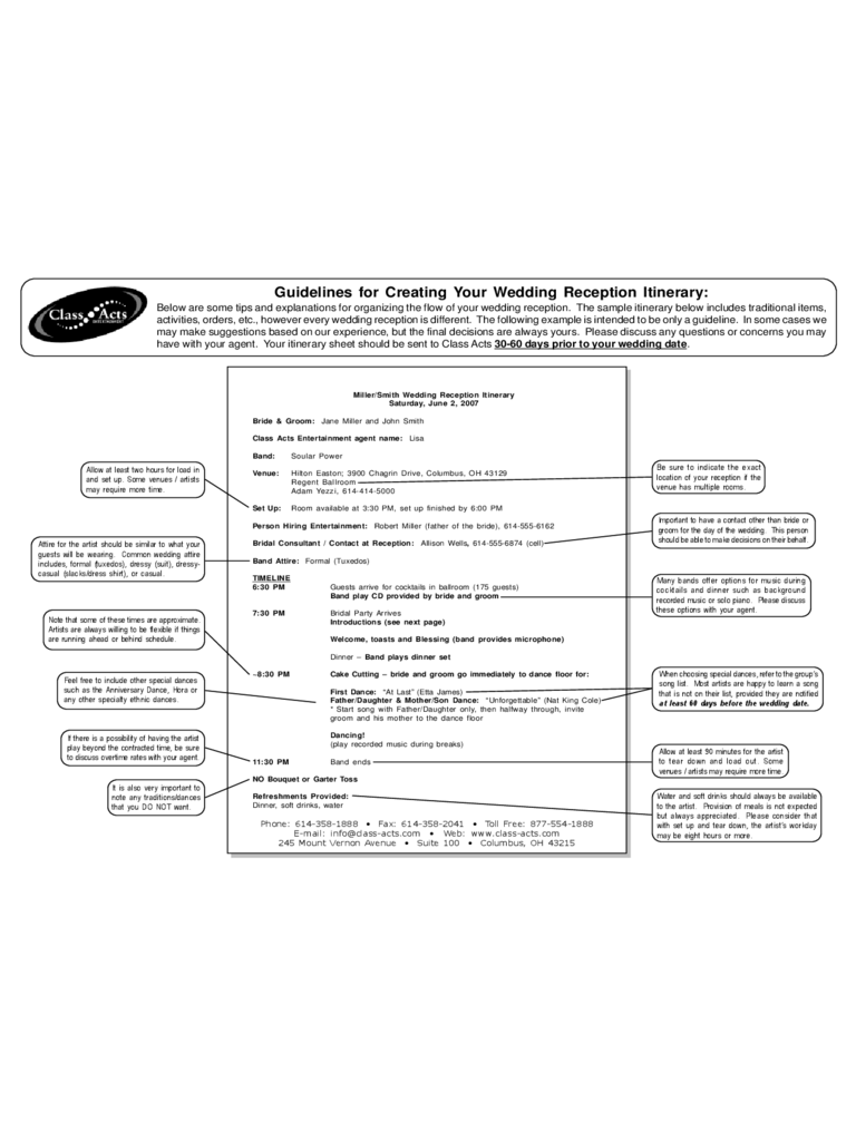 2023 Wedding Reception Itinerary Template Fillable Printable PDF 