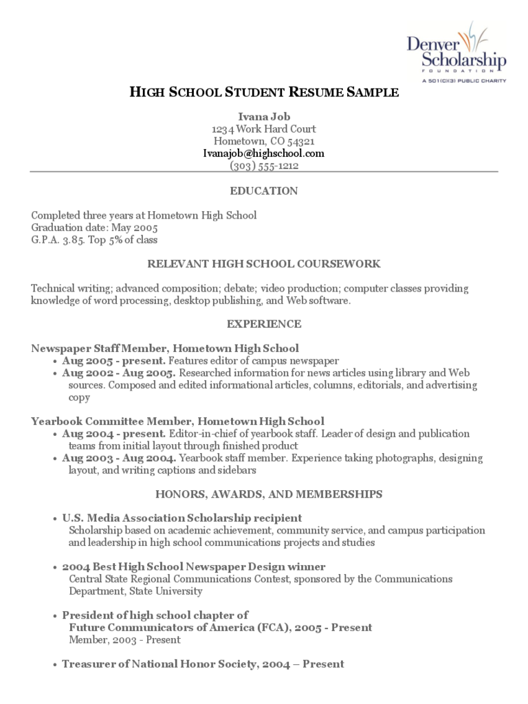 2023 High School Student Resume Template Fillable Printable PDF 