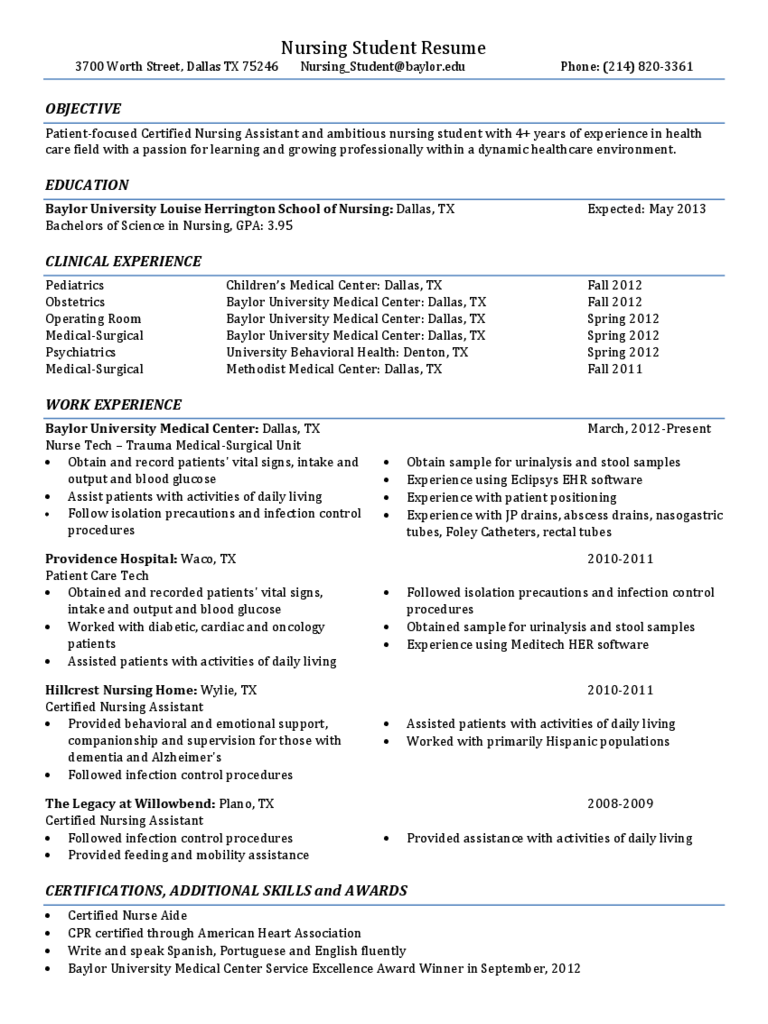 Nursing Student Resume Baylor University Edit Fill Sign Online 