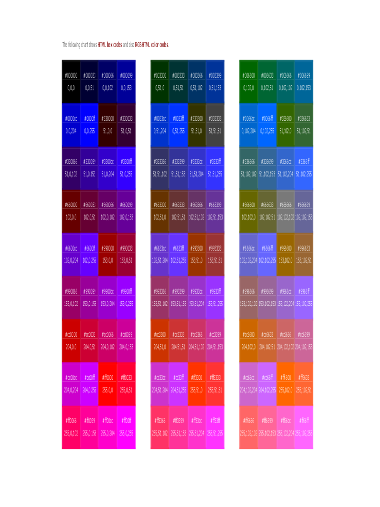RGB HTML Color Codes Chart Edit Fill Sign Online Handypdf