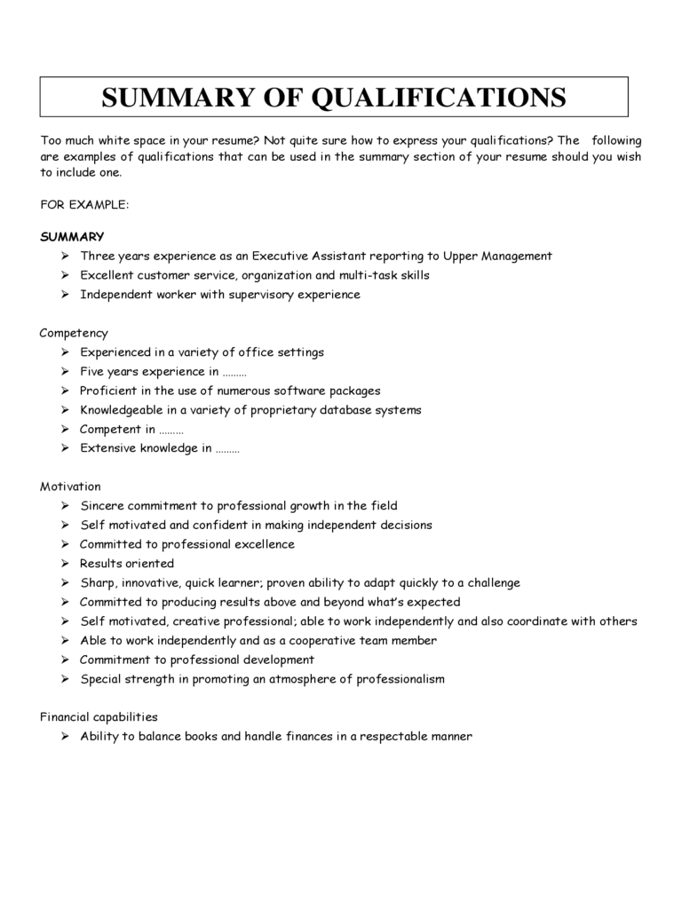 Summary Of Qualifications Sample Edit Fill Sign Online Handypdf