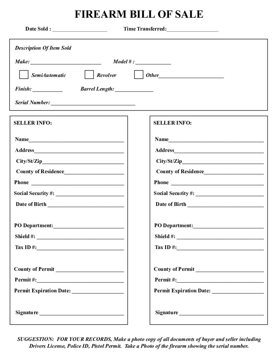 Firearm Bill Of Sale Template Free