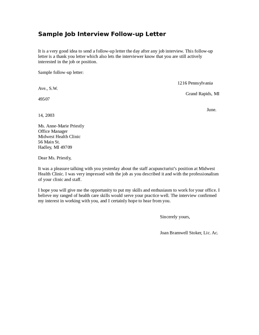 Follow Up Letter For Job Application Status After Interview Collection 