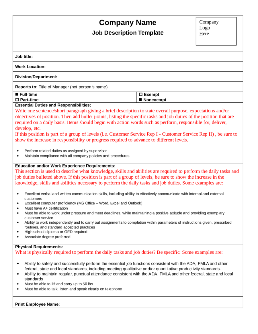 2022 Job Description Template Fillable Printable Pdf Forms Handypdf 