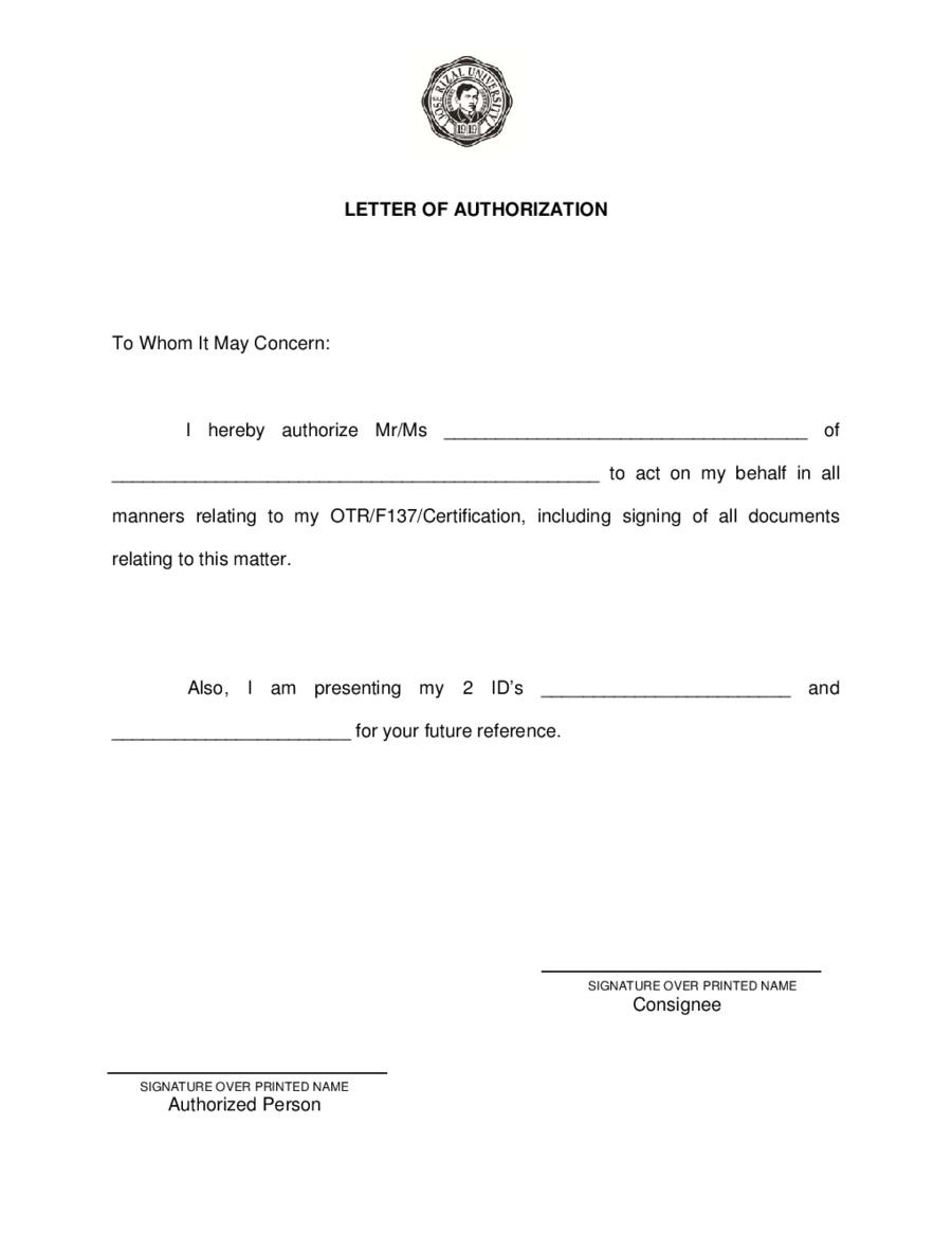 Letter Of Authorization Form Template