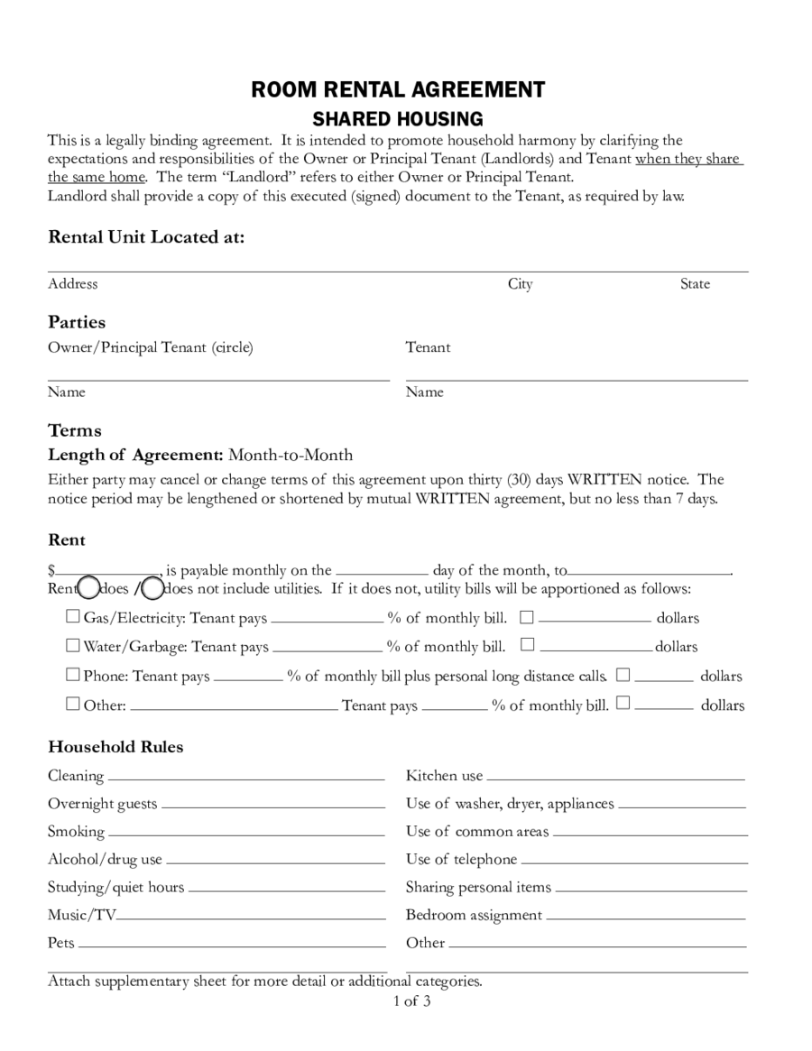 Room Rental Agreement Template Shared Housing Edit Fill Sign Online 